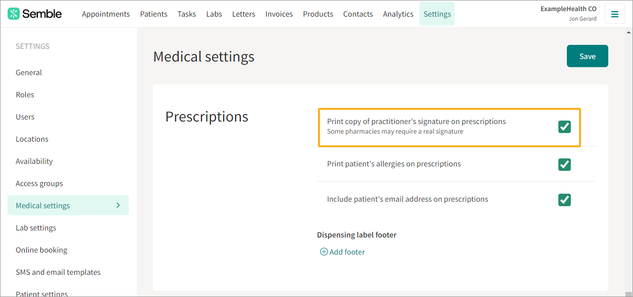 Prescription Settings